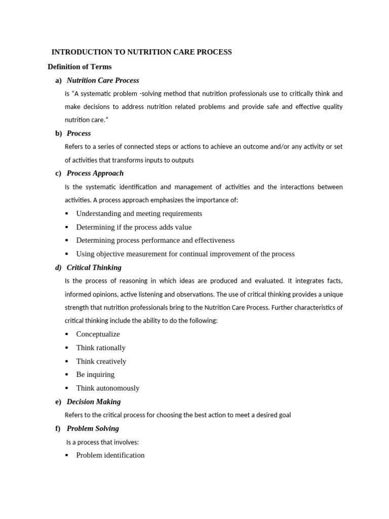 Nutrition Care Process Unit One | PDF