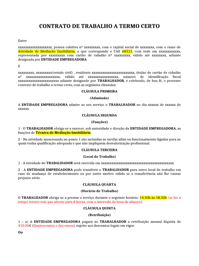 Minuta Contrato de Trabalho A Termo Certo | PDF
