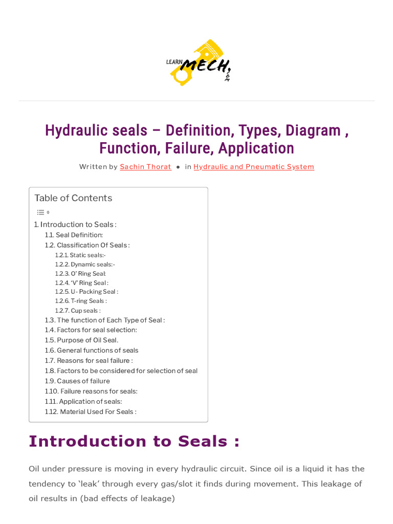 Hydraulic Seals - Definition, Types, Diagram, Function, Failure, Application | PDF