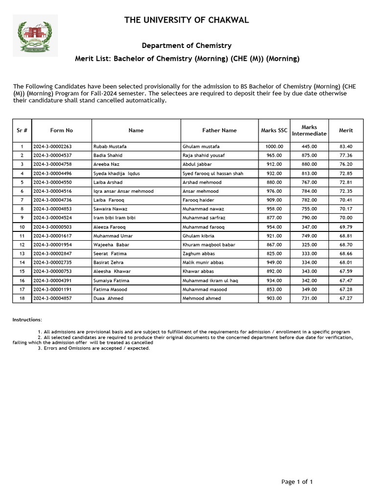 Chemistry 3rd Merit List (OM) | PDF