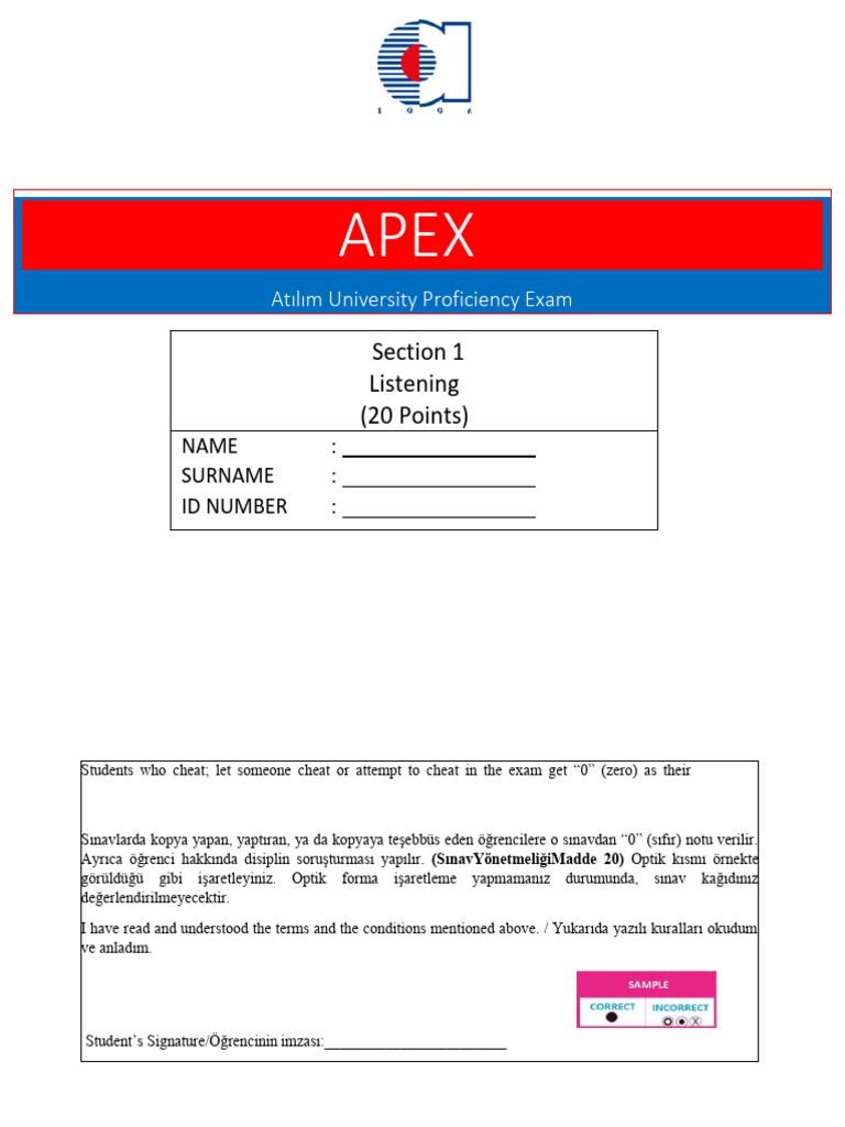 'SAMPLE APEX SECTION 1 (LISTENING) ' Dosyasını Sizinle Paylaşıyorum | PDF