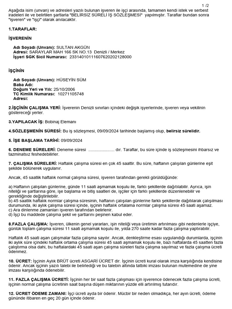 Belirsiz Sureli Is Sozlesmesi | PDF