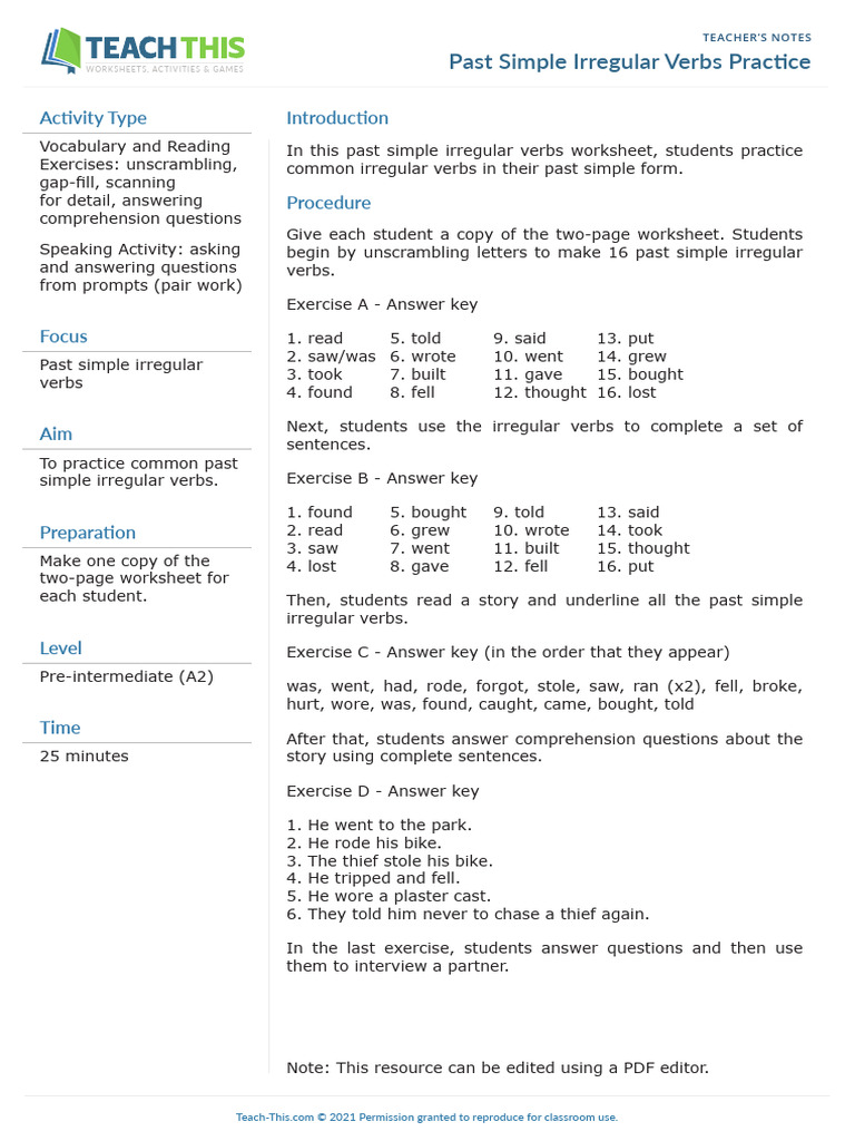 Past Simple Irregular Verbs Practice | PDF