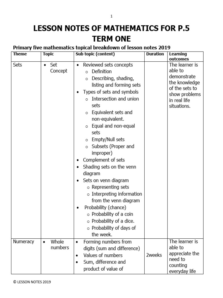 P. 5 Lesson Notes Mathematics - 2021 | PDF