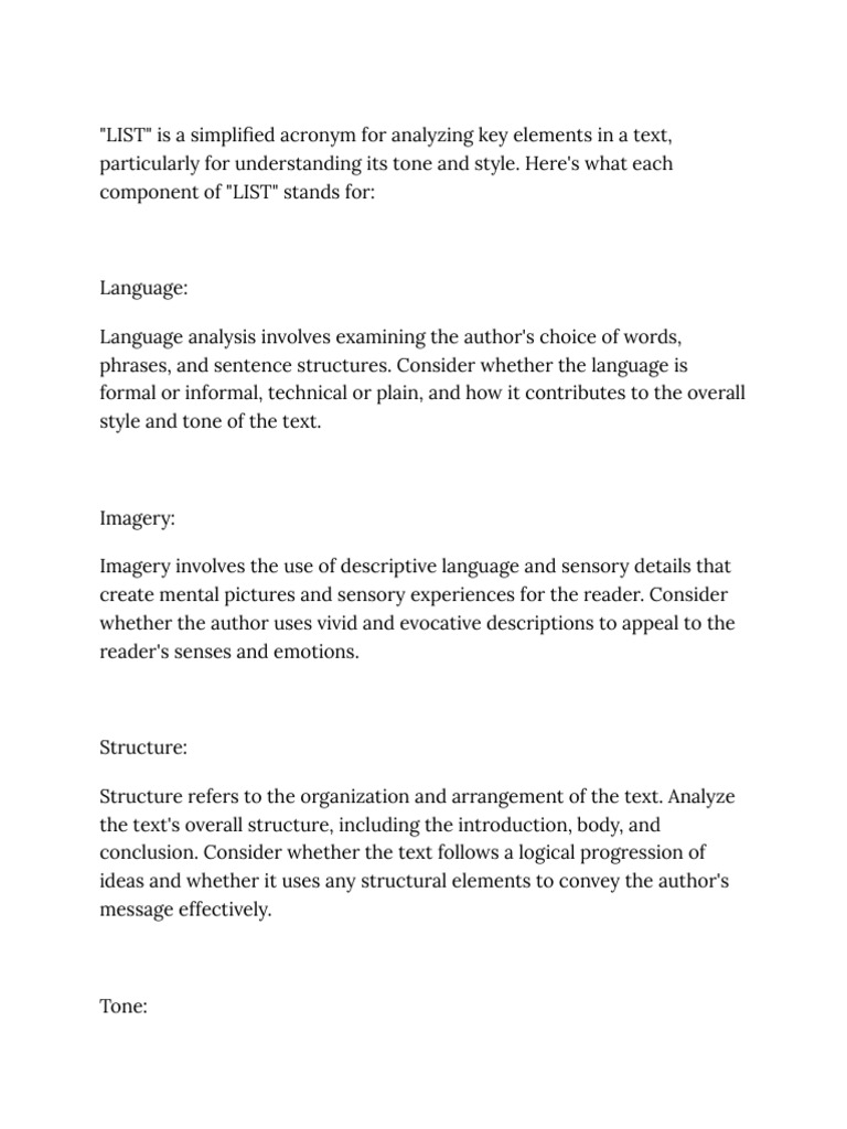 LIST - Is A Simplified Acronym For Analyzing Key Elements in A Text ...