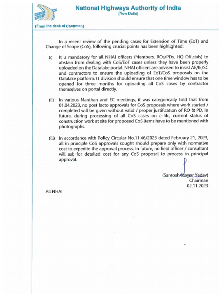 Note of Chairman Dt. 02.11.2023 on EOT & COS | PDF