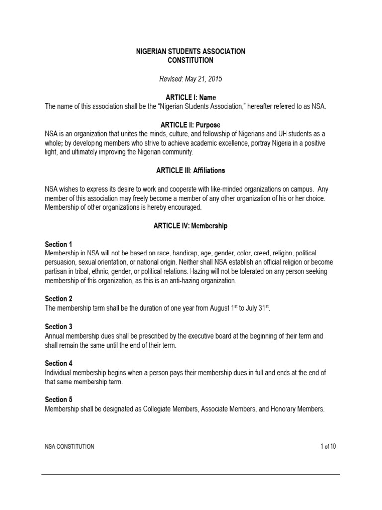 Nsa Constitution Original | PDF