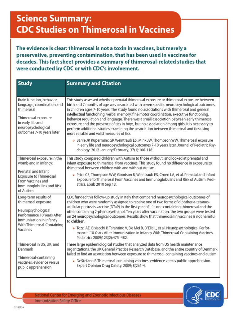 Science Summary: CDC Studies On Thimerosal in Vaccines: Study Summary ...