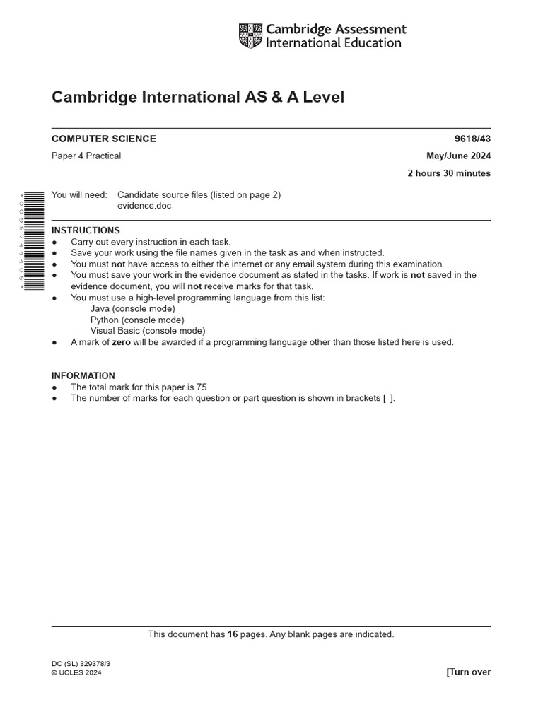 Cambridge International AS & A Level: Computer Science 9618/43 | PDF