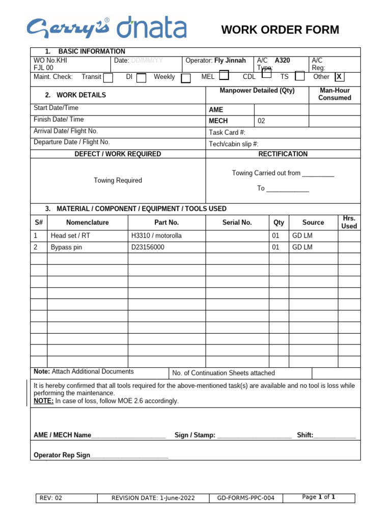 WO Form FJL Towing | PDF