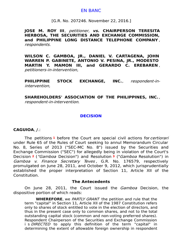 Roy III v. Herbosa | PDF | Standing (Law) | Stocks