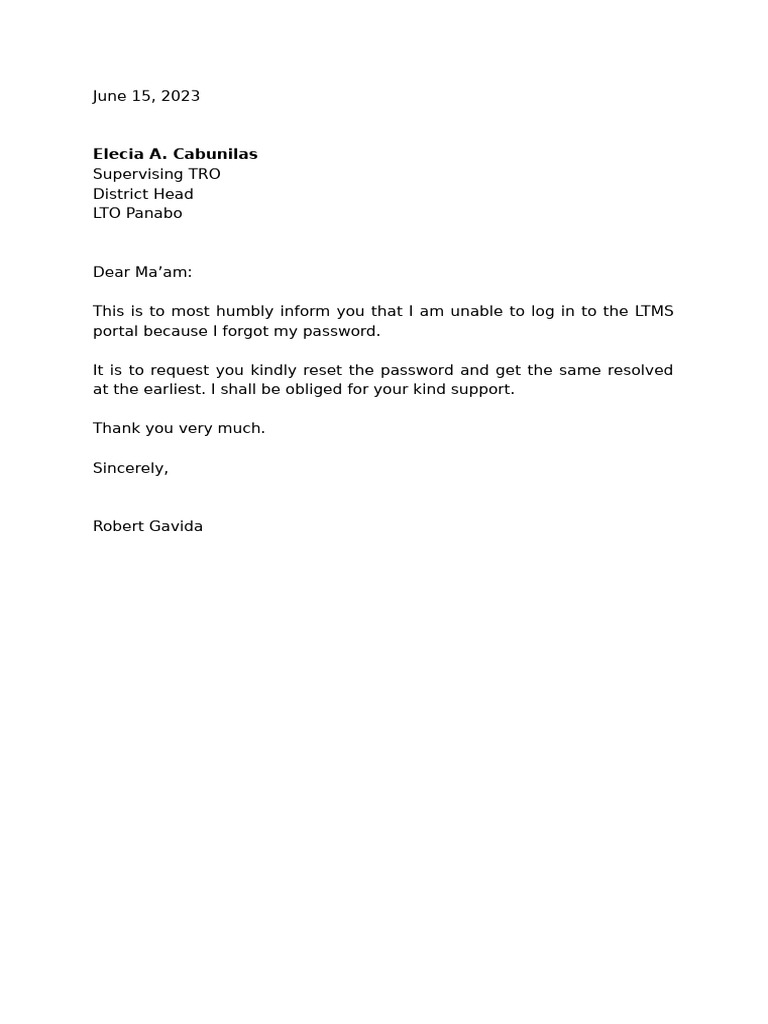Lto Letter to Request Reset | PDF