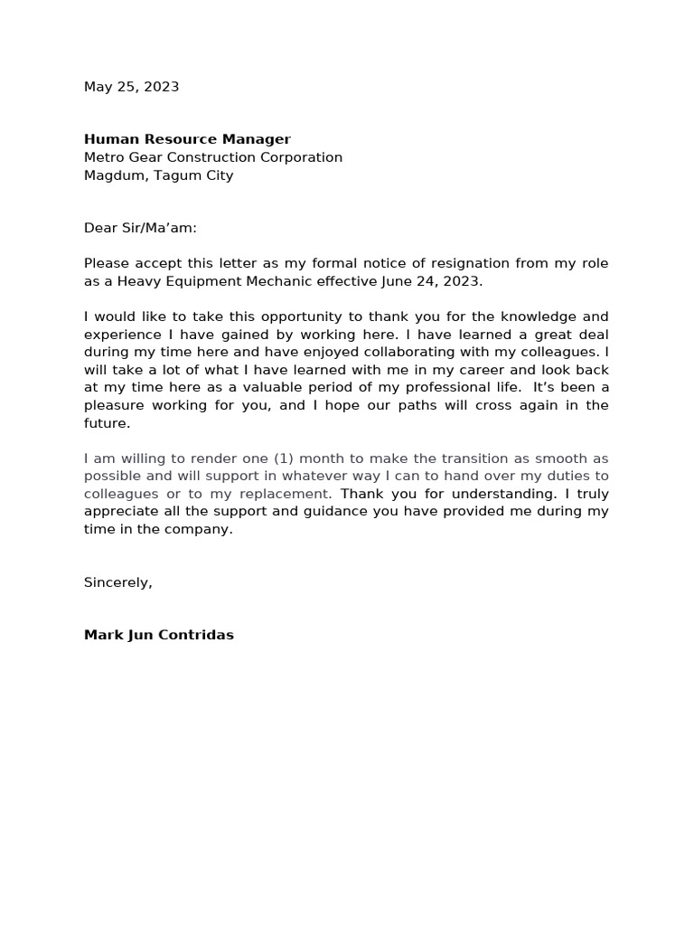 Resignation Letter 1 Month Render | PDF