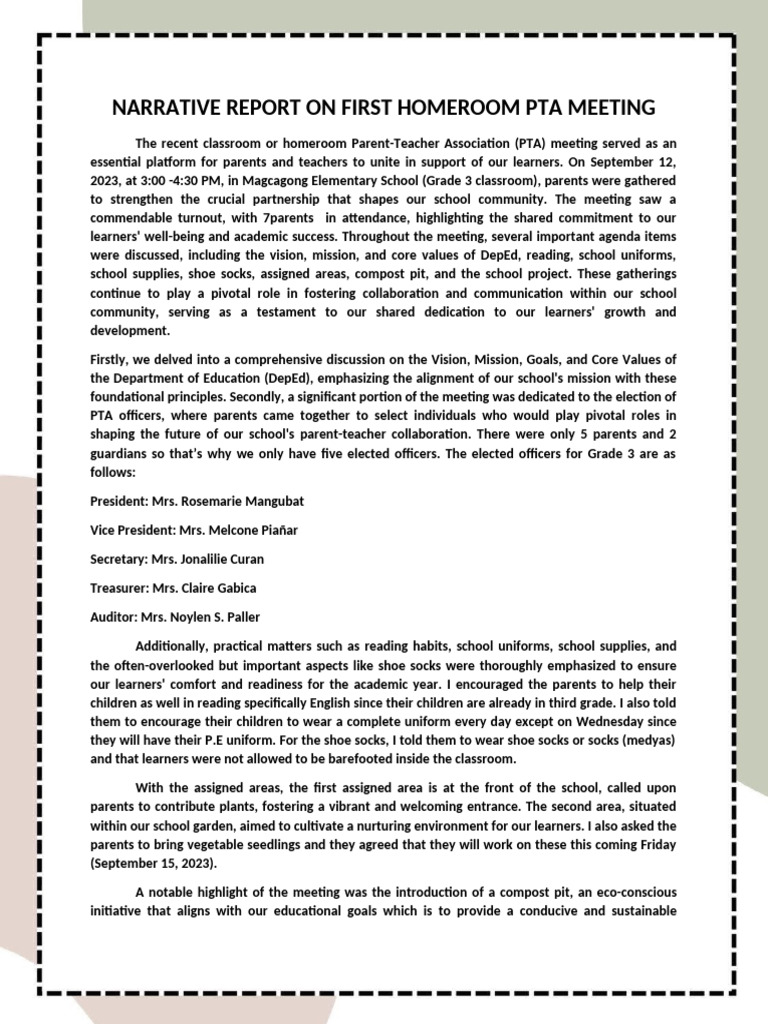 Narrative Report On First Homeroom Pta Meeting | PDF