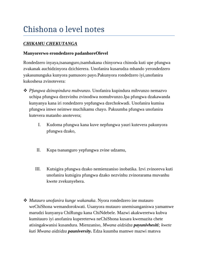 O Level Shona Notes on Writing Skills | PDF | Self-Improvement
