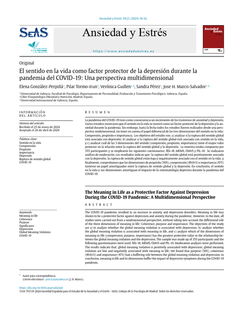 El Sentido en La Vida Como Factor Protector de La Depresión Durante La ...