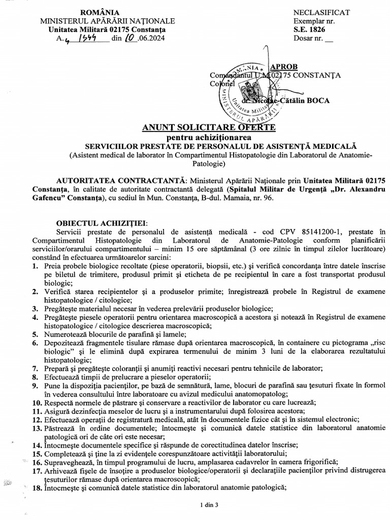 Solicitare Servicii Asistent Medical Laborator Anatomie Patologie Iunie ...