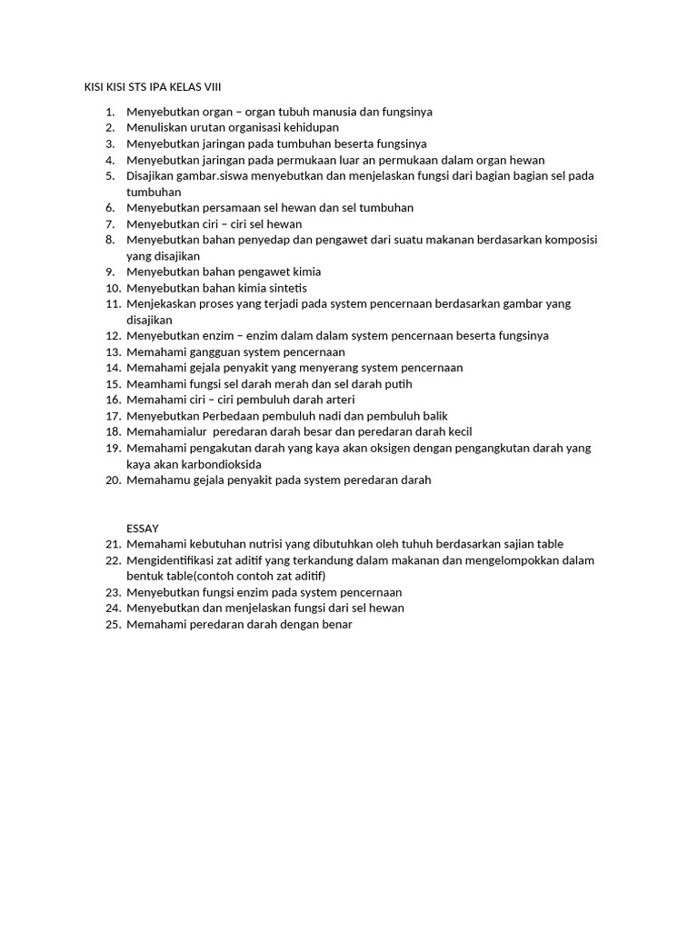 Kisi Kisi Sts Ipa Kelas Viii Sem1 | PDF