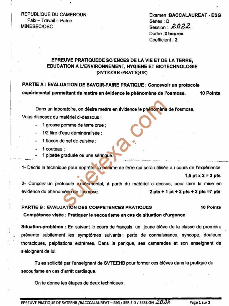 Epreuve Bac 2022 Svteehb Pratique Serie D Cameroun | PDF