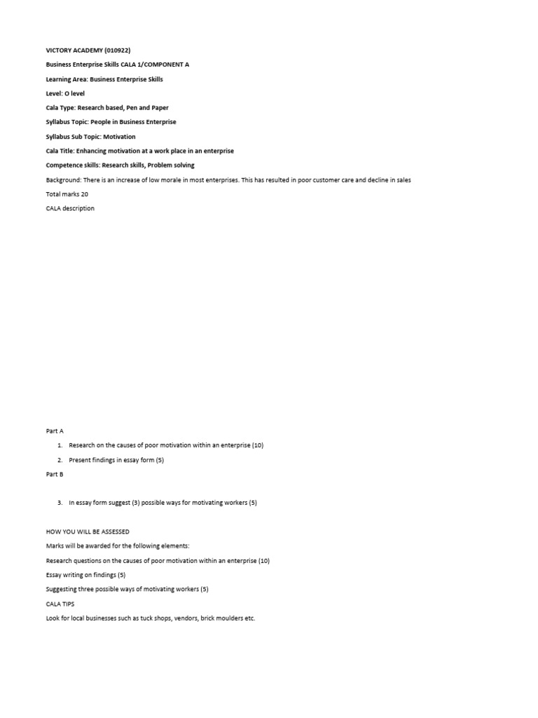 Business Enterprise Skills Calas o Level 2021-2022 | PDF
