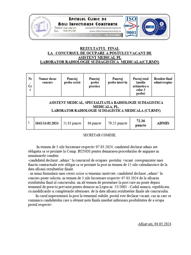 Rezultat Final Concurs Asistent Medical PL Laborator Radiologie Si ...