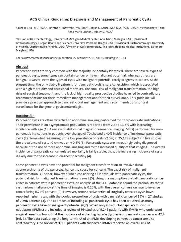 ACG Pancreatic Cysts Guideline Summary | PDF