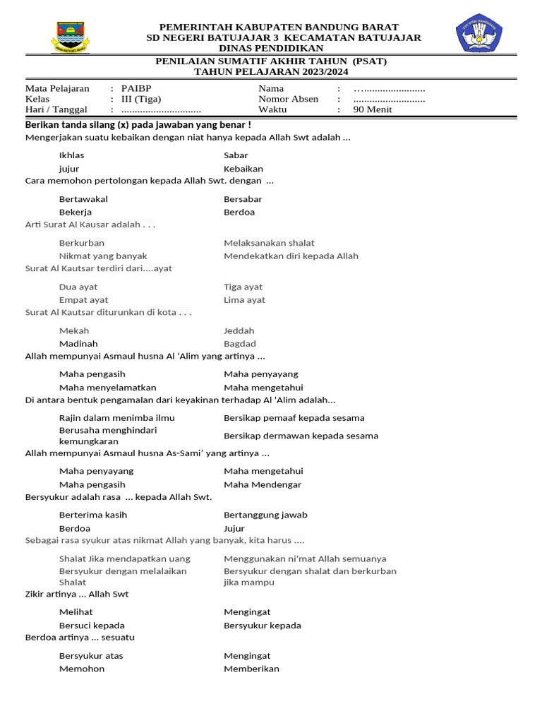 Psat Paibp Kelas 3 | PDF