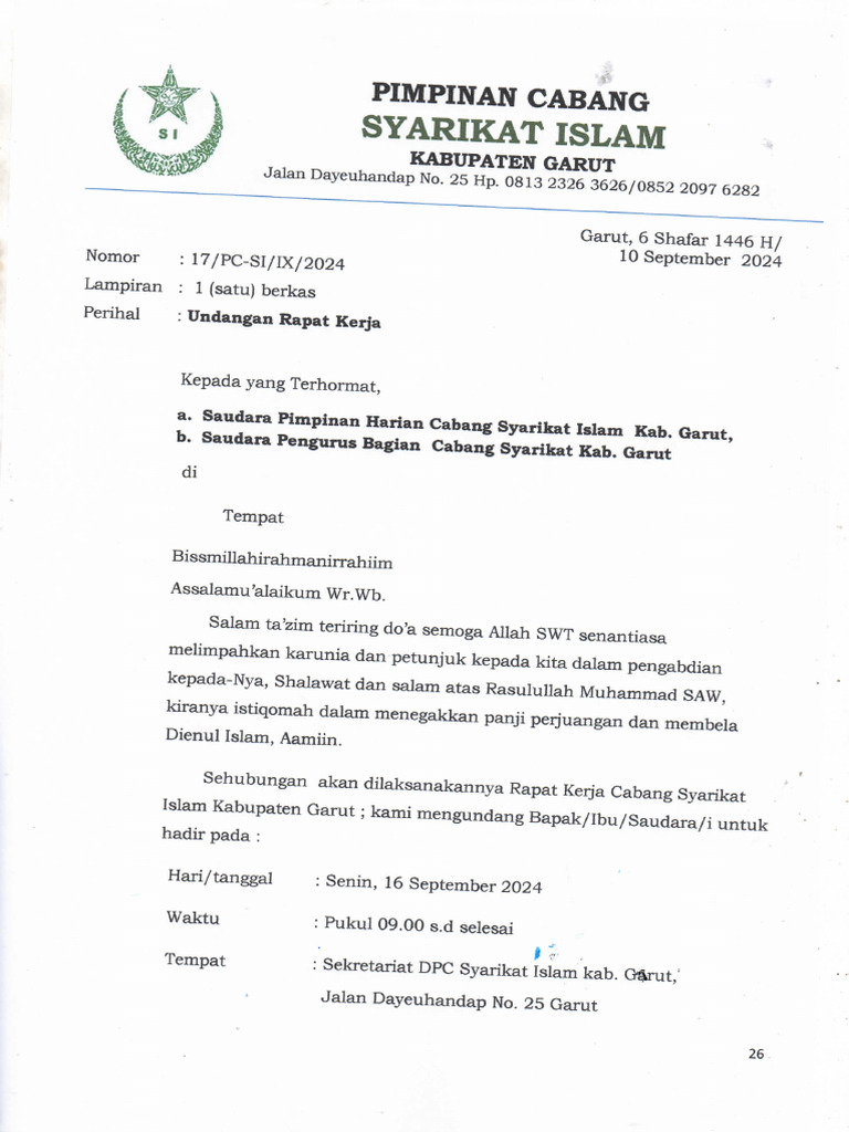 Undangan Rapat Kerja Cabang, Senin 16 September 2024 | PDF