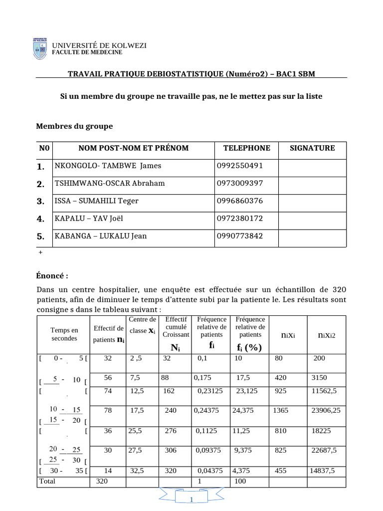 TP2 BIOSTATISTIQUE BAC1 SBM KZI 2023-2024.doc TKR - 112222 | PDF