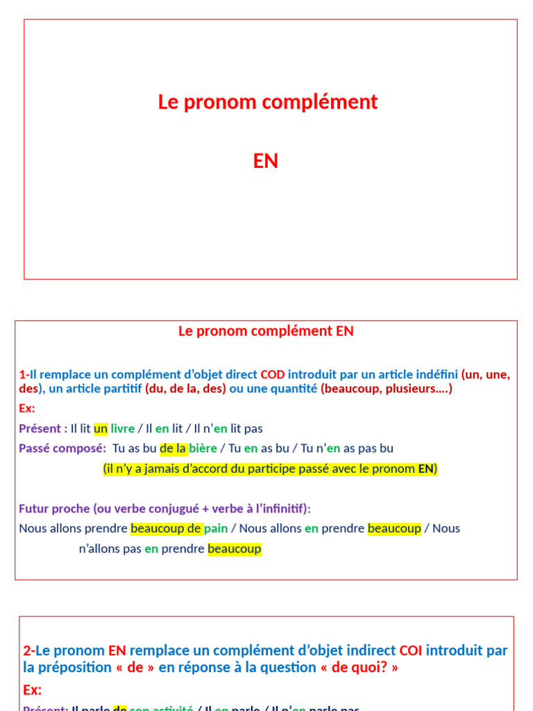 Le Pronom Complément en | PDF