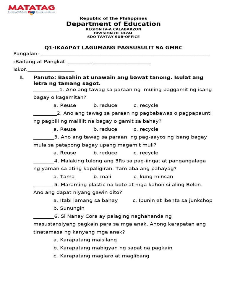 Q1 4th SUMMATIVE TEST IN GMRC | PDF
