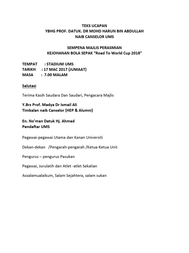 Teks Ucapan Sempena Majlis Perasmian Kejohanan Bola Sepak | PDF