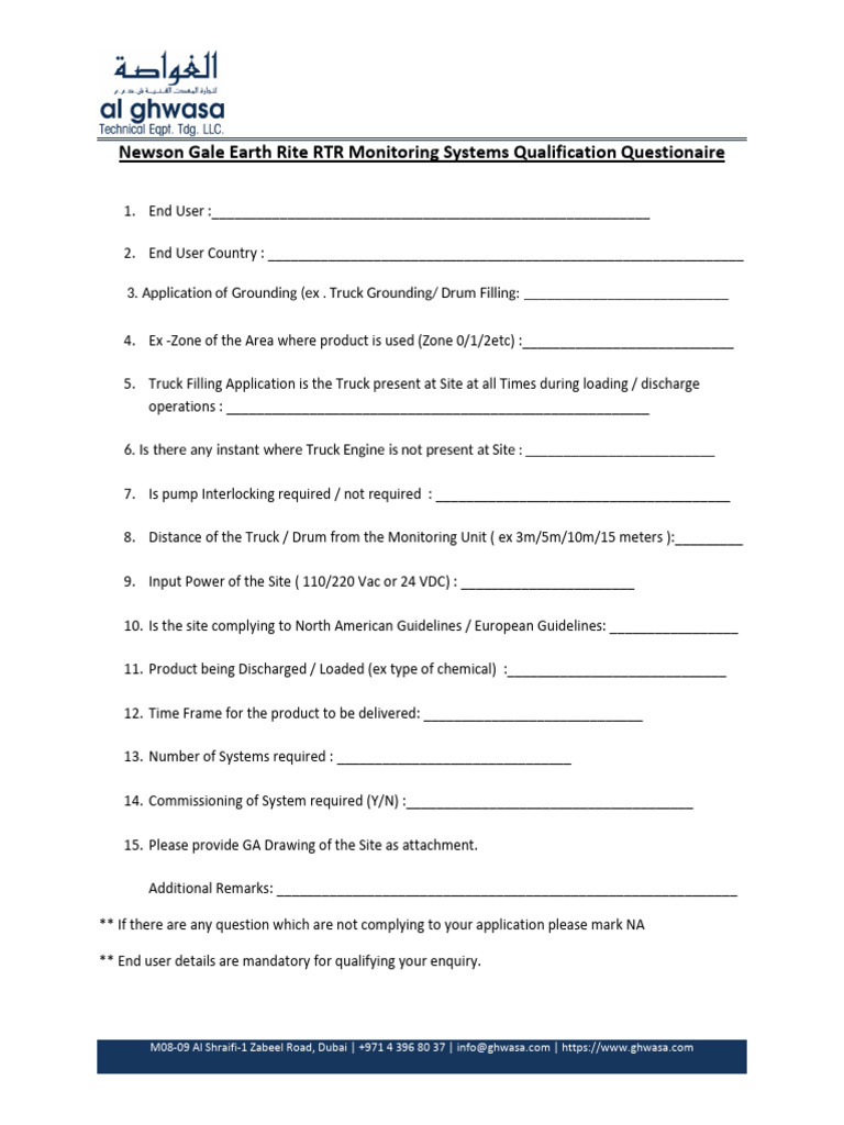 Newson Gale Earth Rite RTR Qualification Questionair | PDF