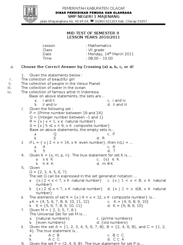 Test Matematika Mid Semester 2 Class 7 2011 | PDF | Abstract Algebra ...