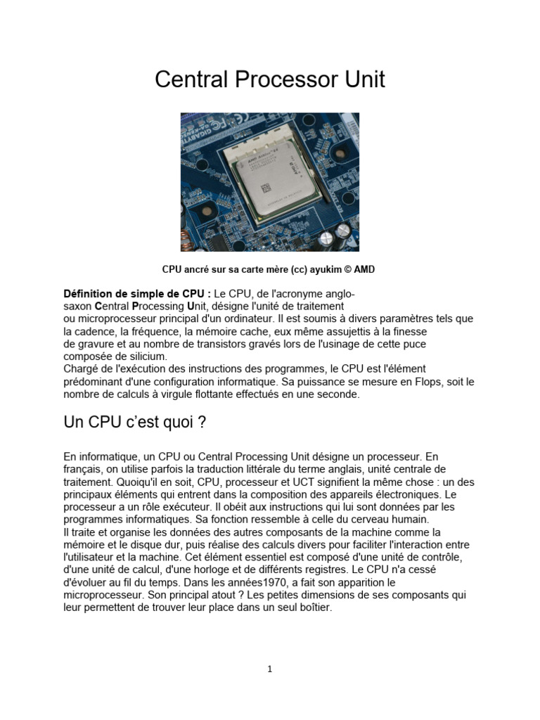 Central Processor Unit: Un CPU C'est Quoi ? | PDF