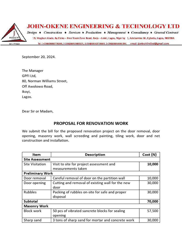 PROPOSAL FOR AJOSE RENOVATION WORK | PDF