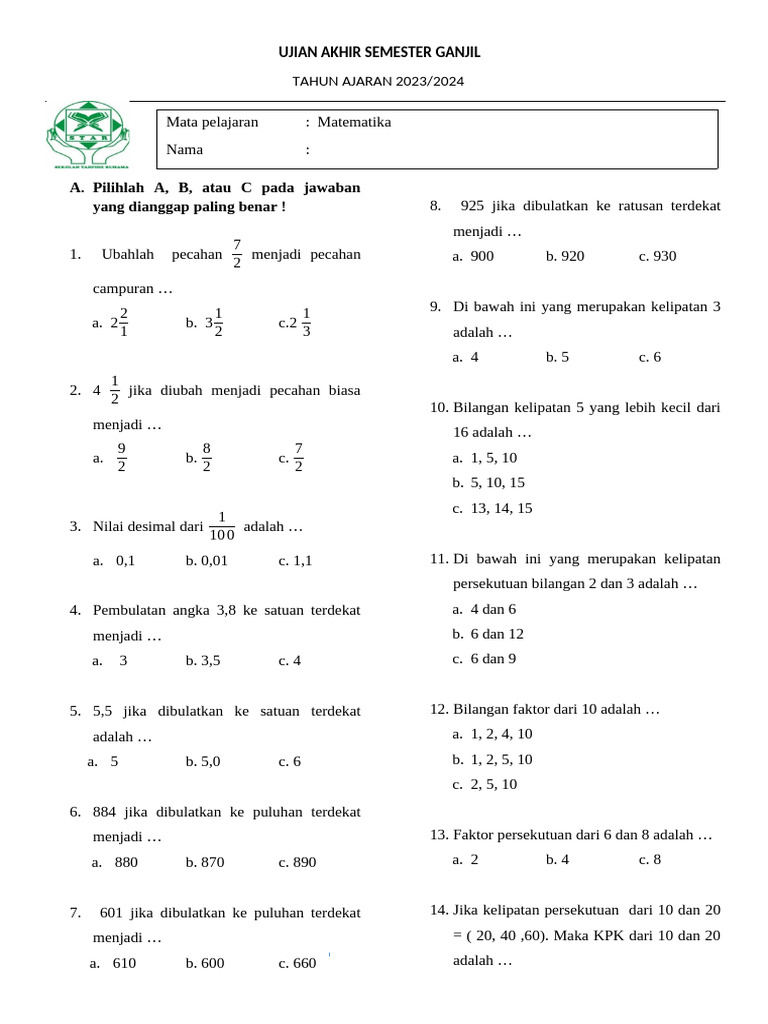 SOAL UAS Matematika HS 4 SMST 1 2023 | PDF
