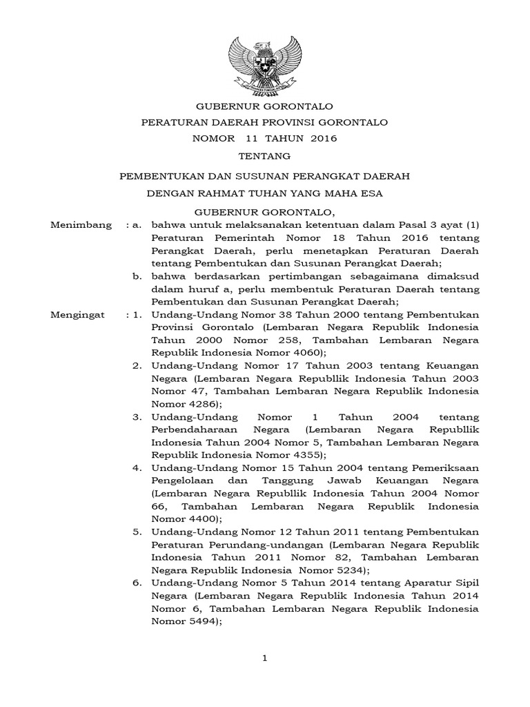 Perda No 11 TH 2016 TTG Pembentukan Dan Susunan Perangkat Daerah | PDF