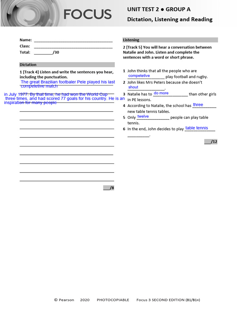 Focus3 2E Unit Test Dictation Listening Reading Unit2 GroupA | PDF