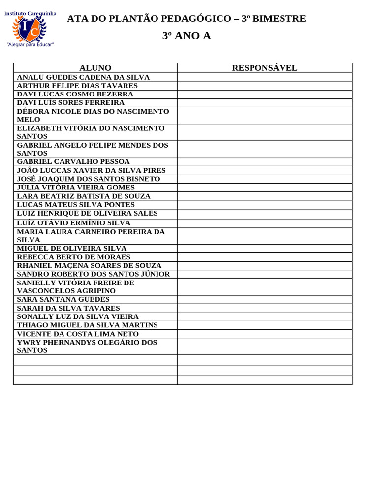 lISTA DE ALUNOS 3º ANO A | PDF