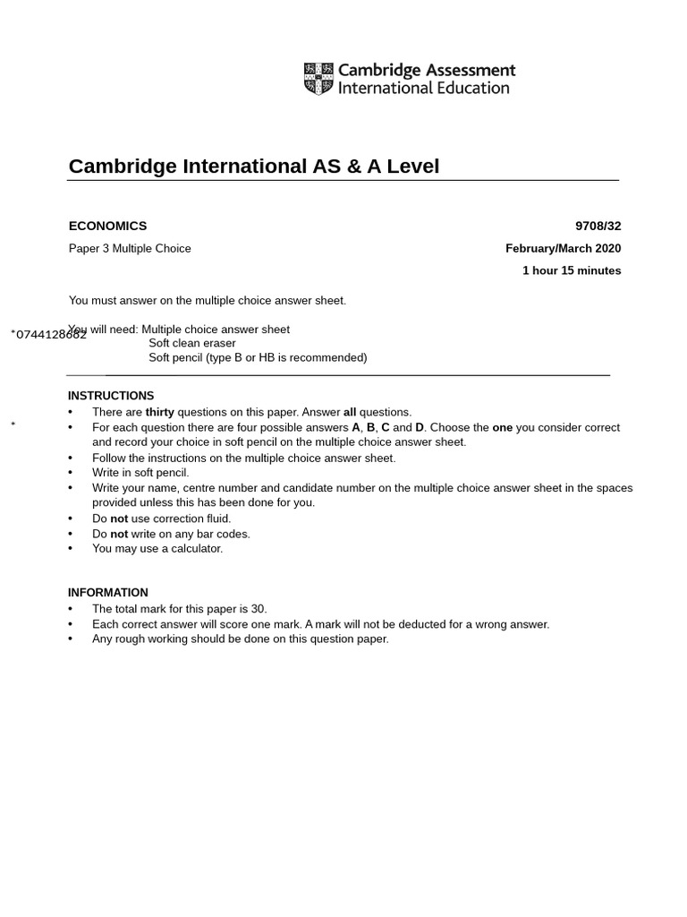 Cambridge International AS & A Level: Economics 9708/32 | PDF