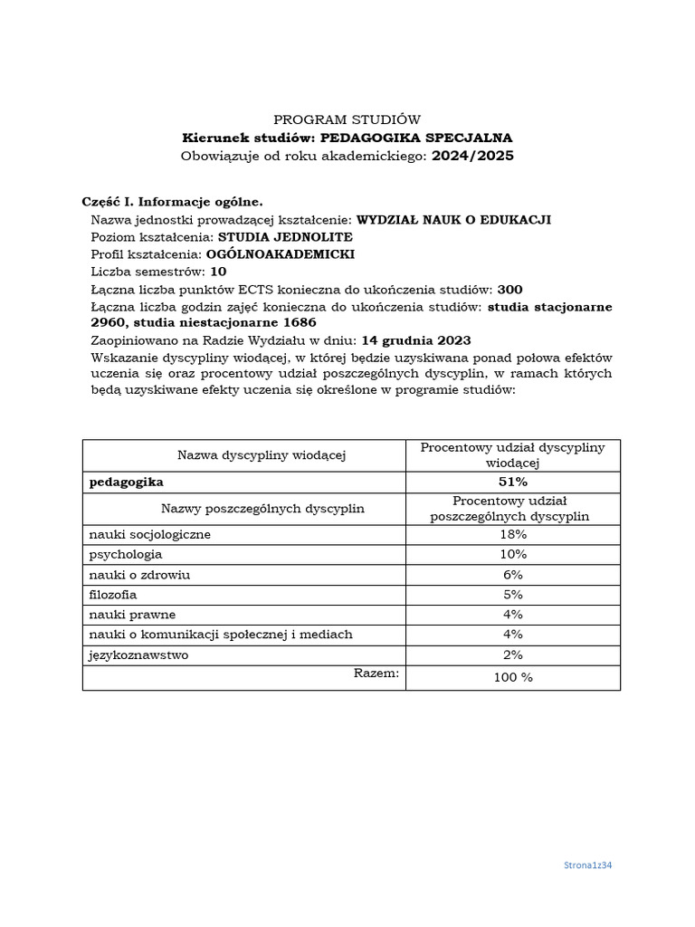 3 Program Studiow Pedagogika Specjalna 2024-25 | PDF