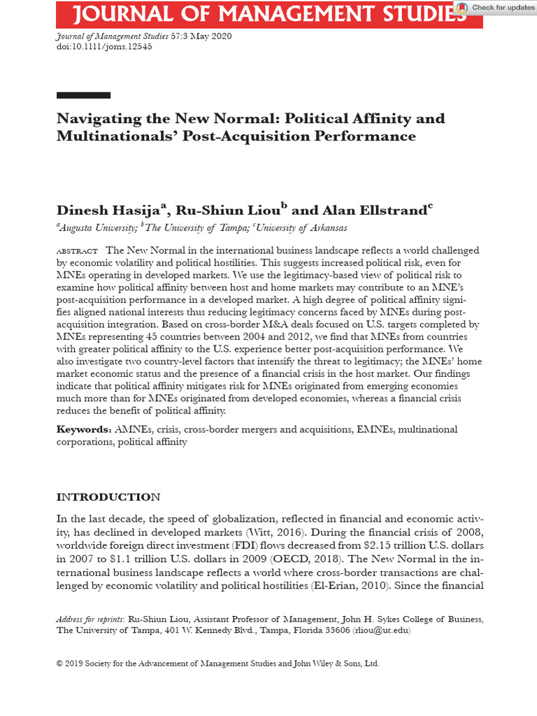 J Management Studies - 2019 - Hasija - Navigating The New Normal ...