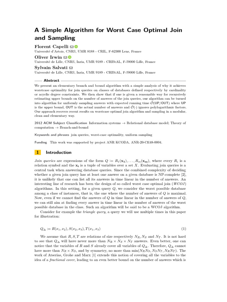 A Simple Algorithm for Worst Case Optimal Join and Sampling | PDF