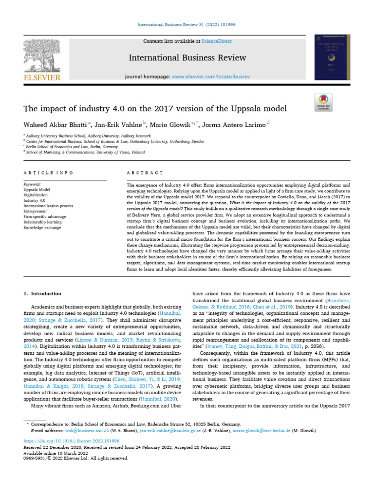 The Impact of Industry 4.0 On The 2017 Version of The Uppsala Model | PDF