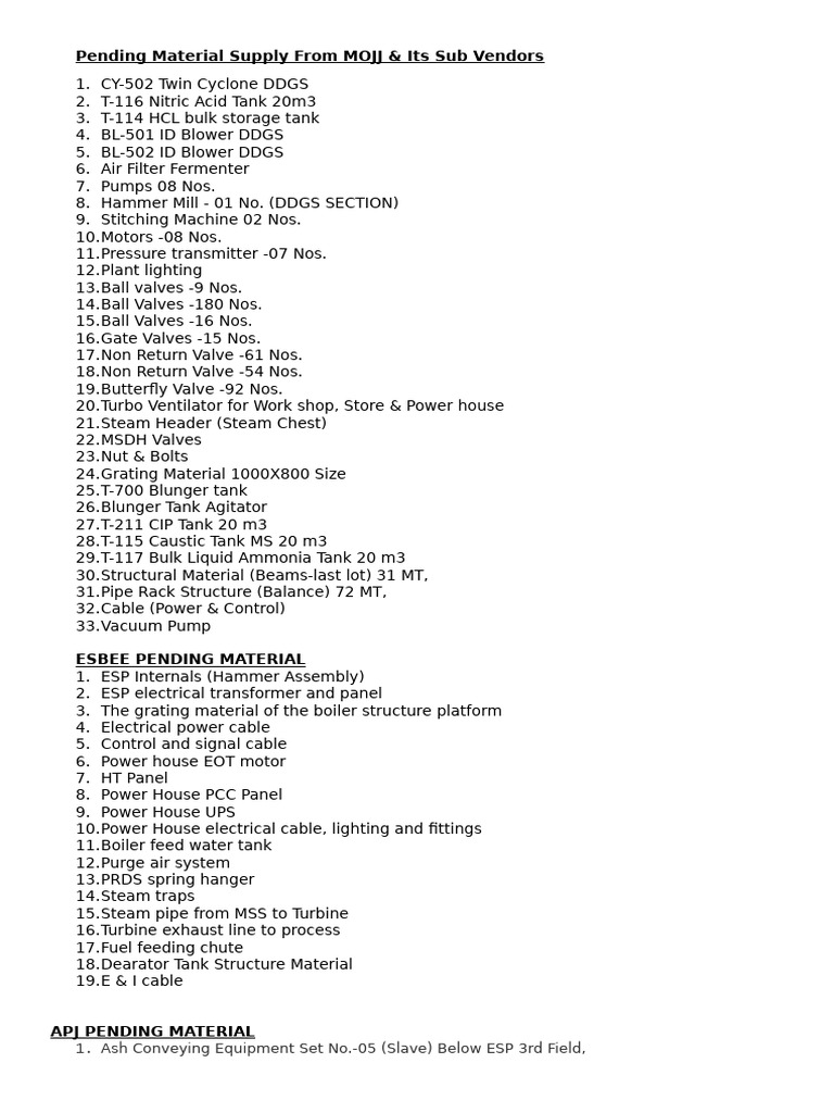 Pending Material Supply From MOJJ | PDF
