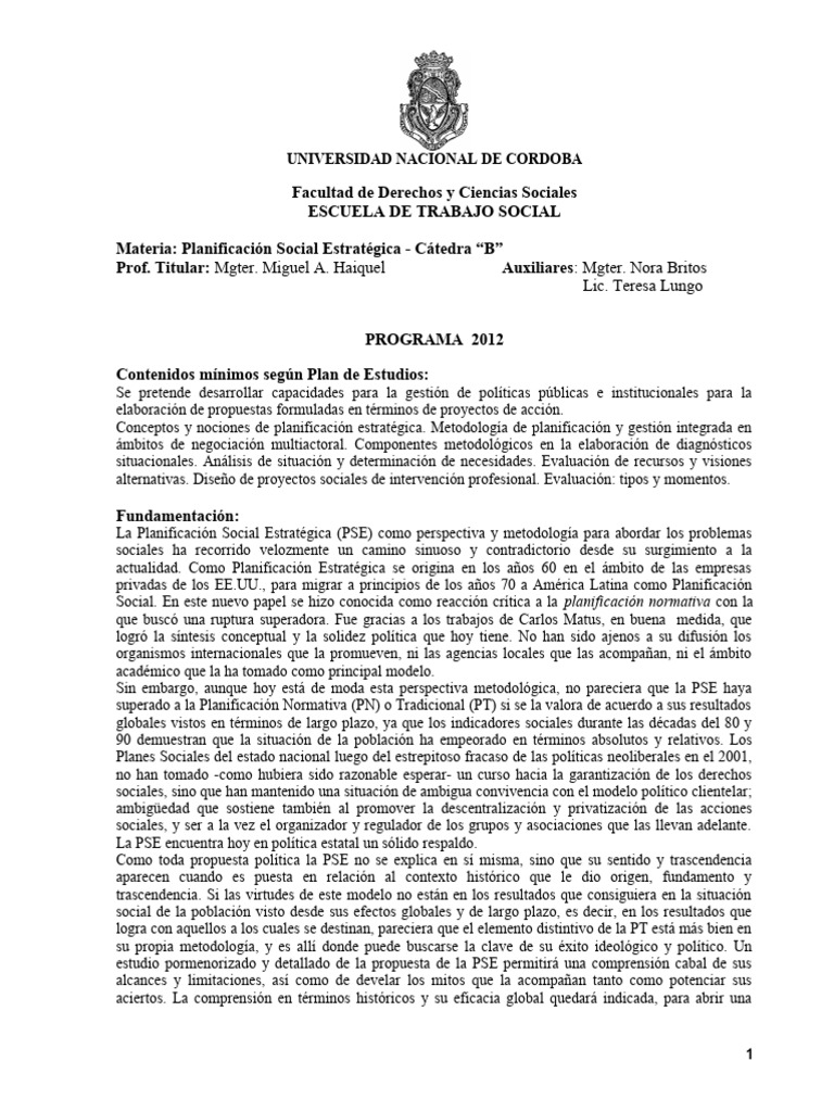 PLANIFICACION SOCIAL ESTRATEGICA CATEDRA B Programa Academico 2012 | PDF