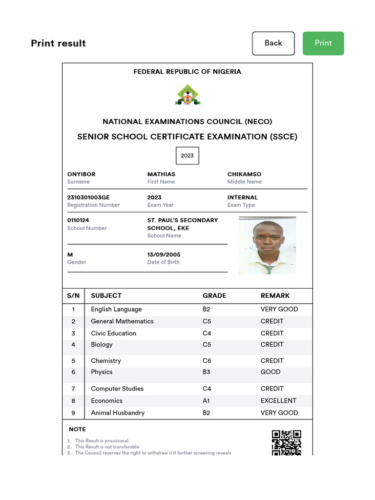 NECO Results Portal 8 | PDF