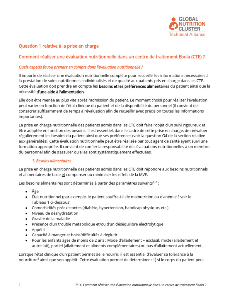 PC1. Comment Réaliser Une Évaluation Nutritionnelle Dans Un Centre de Traitement Ebola | PDF