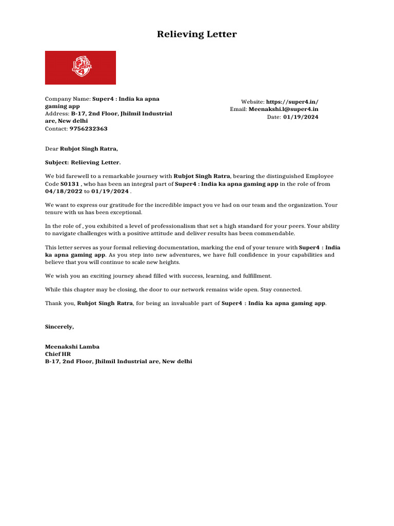 Releiving Letter - Rubjot Singh Ratra | PDF